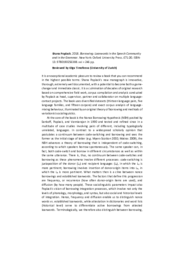 (PDF) Review of Poplack (2018): Borrowing: Loanwords in the Speech ...