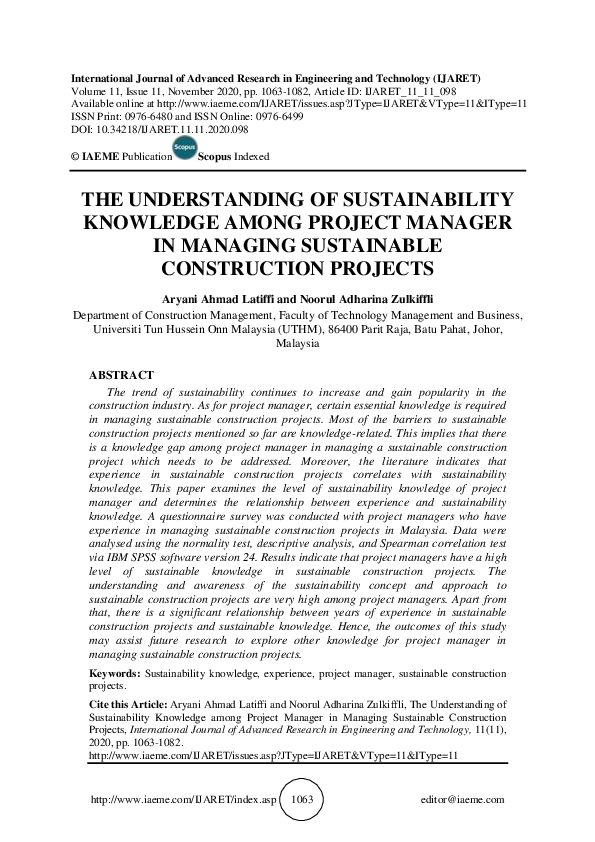 (PDF) THE UNDERSTANDING OF SUSTAINABILITY KNOWLEDGE AMONG PROJECT ...