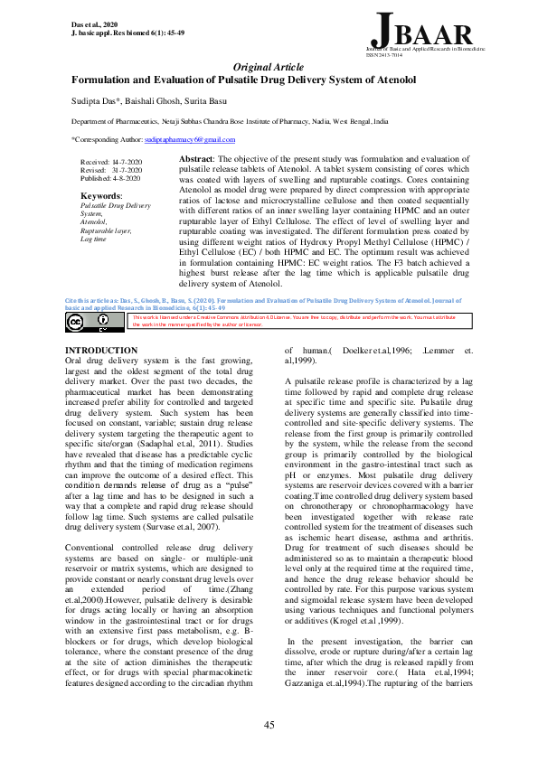 (PDF) Formulation and Evaluation of Pulsatile Drug Delivery System of ...