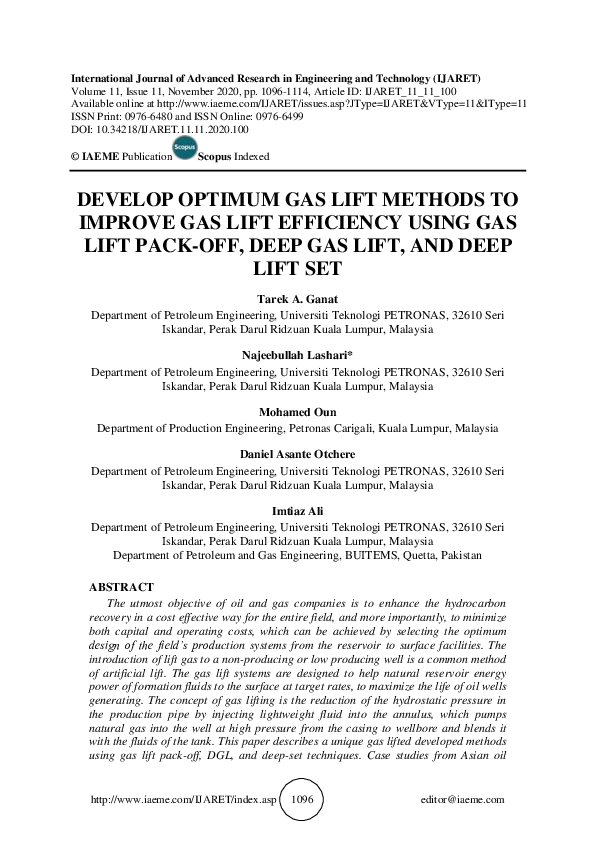 (PDF) DEVELOP OPTIMUM GAS LIFT METHODS TO IMPROVE GAS LIFT EFFICIENCY ...