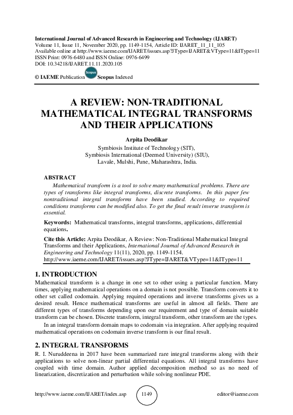 (PDF) A REVIEW: NON-TRADITIONAL MATHEMATICAL INTEGRAL TRANSFORMS AND ...