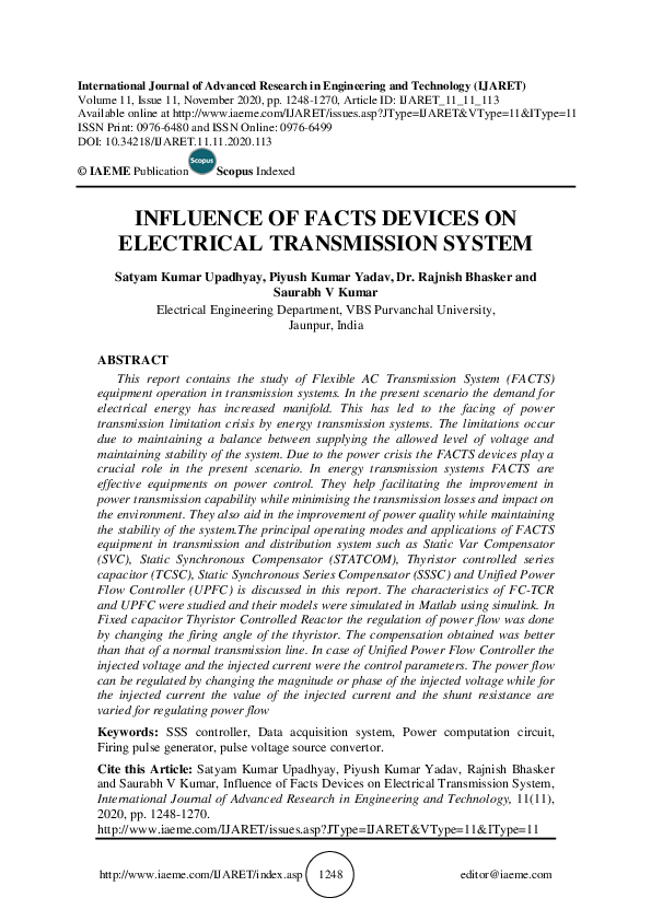 (PDF) INFLUENCE OF FACTS DEVICES ON ELECTRICAL TRANSMISSION SYSTEM