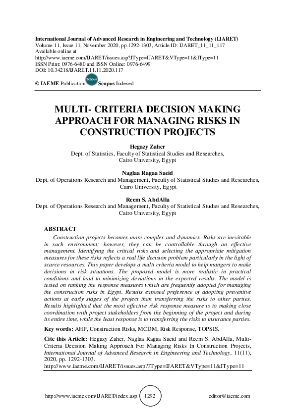 (PDF) MULTI- CRITERIA DECISION MAKING APPROACH FOR MANAGING RISKS IN CONSTRUCTION PROJECTS
