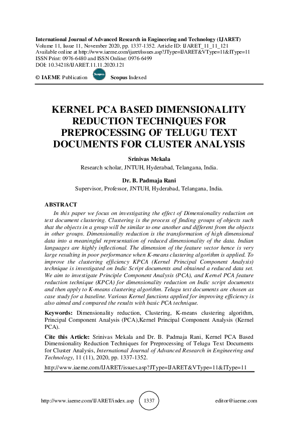 (PDF) KERNEL PCA BASED DIMENSIONALITY REDUCTION TECHNIQUES FOR PREPROCESSING OF TELUGU TEXT ...