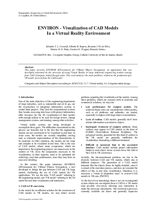 (PDF) ENVIRON Visualization of CAD Models In a Virtual Reality Environment