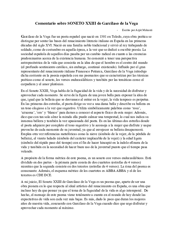 (DOC) Comentario sobre SONETO XXIII de Garcilaso de la Vega • Escrito ...