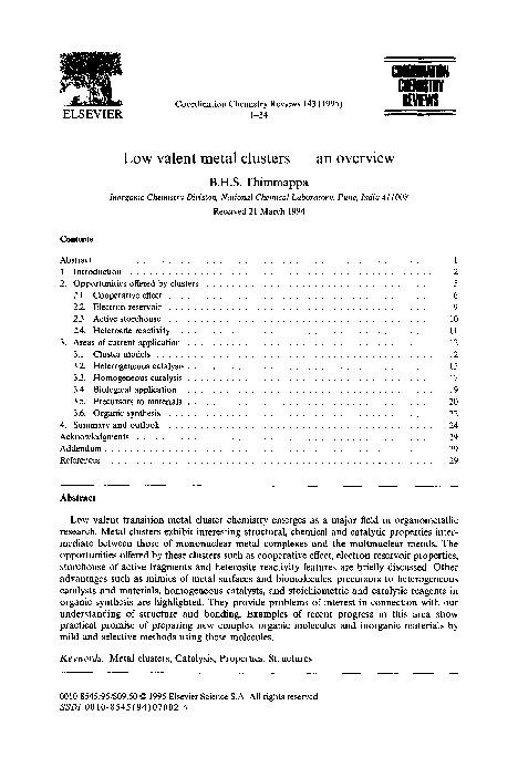 (PDF) Low valent metal clusters -an overview
