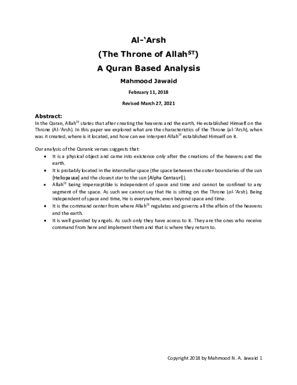 (PDF) Al-'Arsh (The Throne of Allah (ST) - A Quran Based Analysis