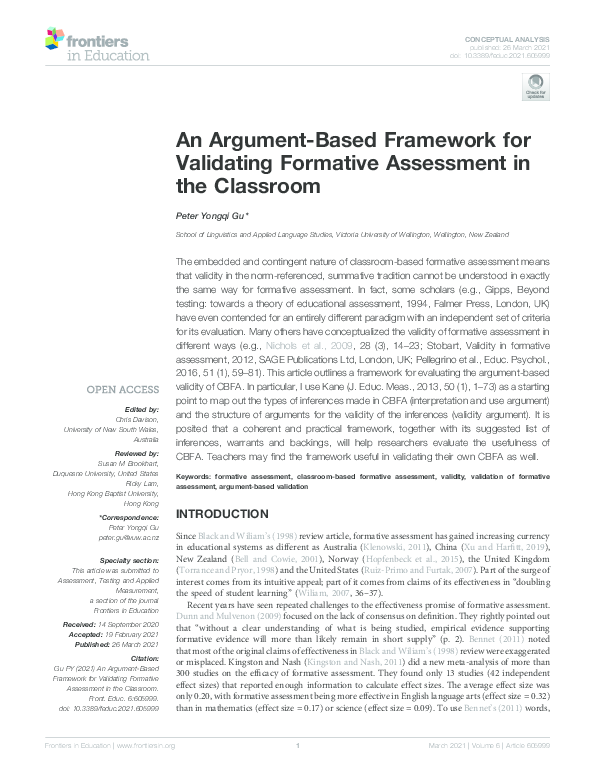 Pdf An Argument Based Framework For Validating Formative Assessment In The Classroom