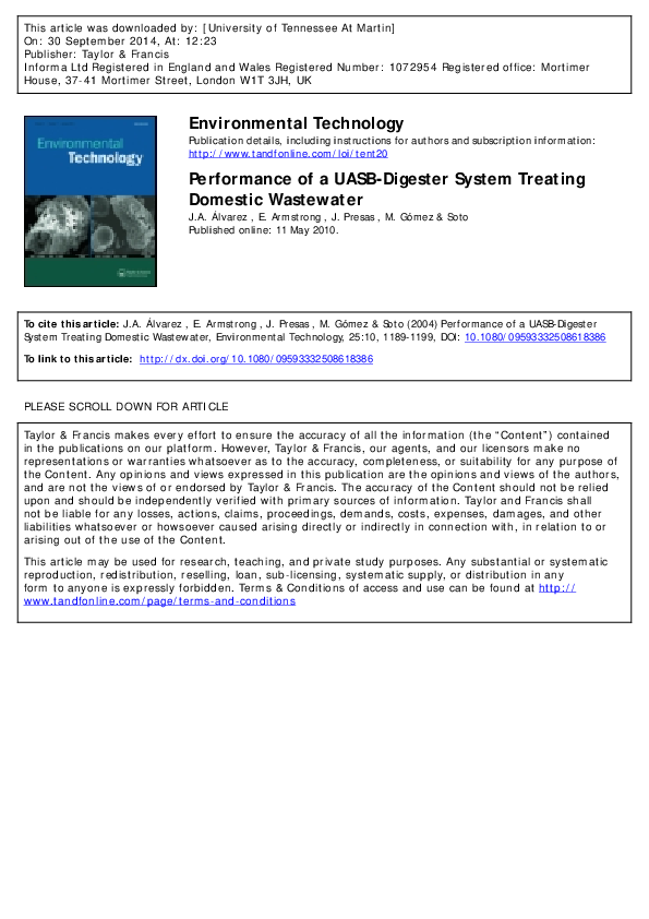 (PDF) Performance of a UASB-digester system treating domestic wastewater