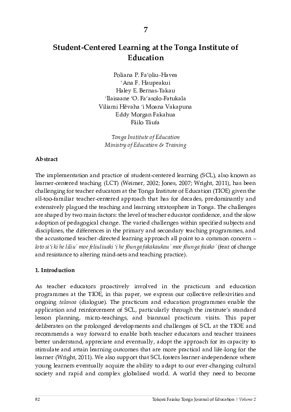 (PDF) Student-Centered Learning at the Tonga Institute of Education
