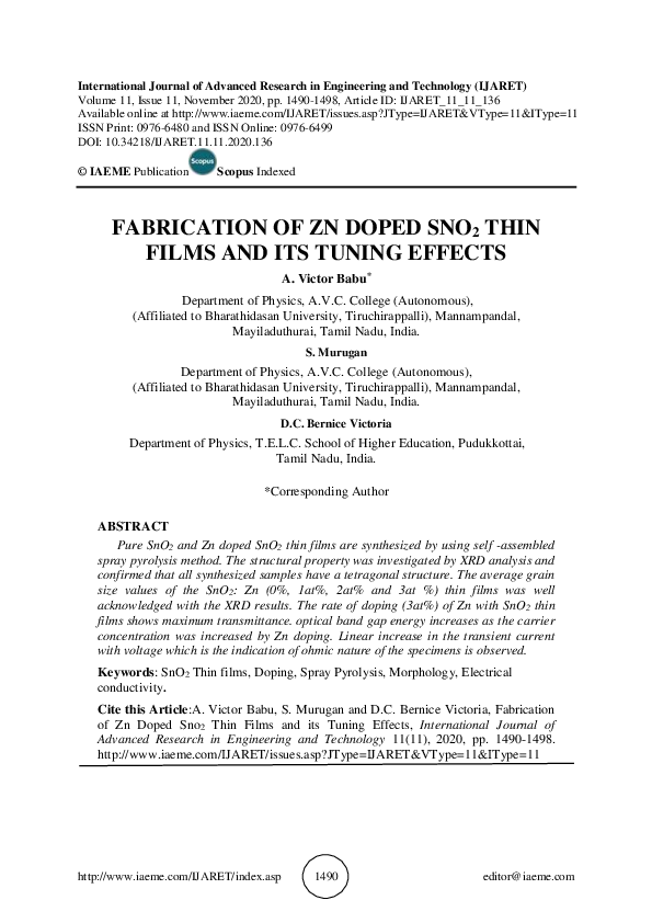 (PDF) FABRICATION OF ZN DOPED SNO2 THIN FILMS AND ITS TUNING EFFECTS