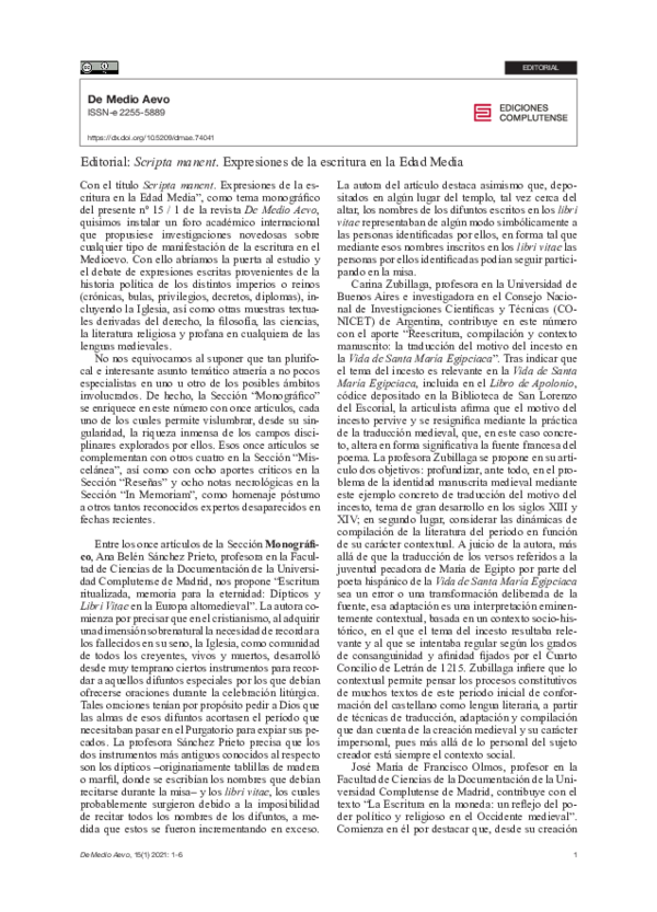 (PDF) Editorial: Scripta manent. Expresiones de la escritura en la Edad Media