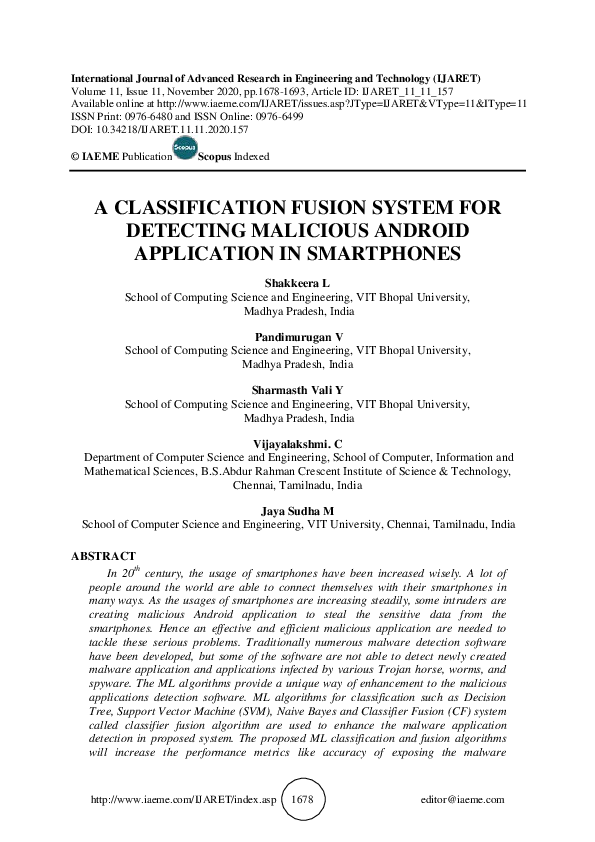 (PDF) A CLASSIFICATION FUSION SYSTEM FOR DETECTING MALICIOUS ANDROID APPLICATION IN SMARTPHONES