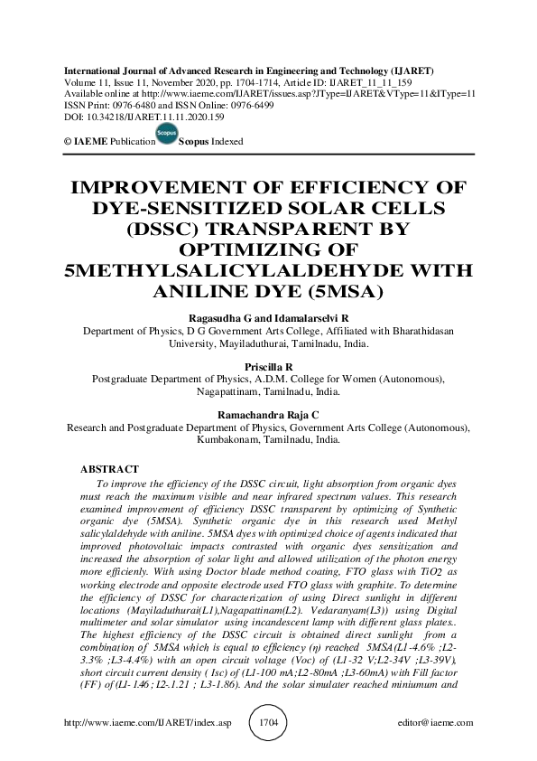 (PDF) IMPROVEMENT OF EFFICIENCY OF DYE-SENSITIZED SOLAR CELLS (DSSC ...