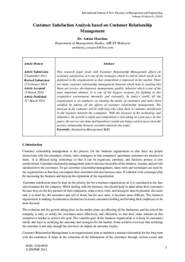 (PDF) Customer Satisfaction Analysis based on Customer Relationship Management