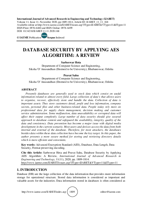 Pdf Database Security By Applying Aes Algorithm A Review