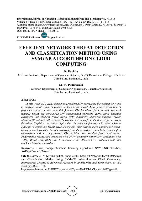 Pdf Efficient Network Threat Detection And Classification Method