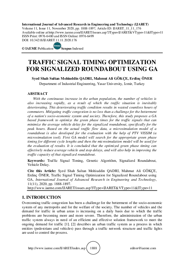 Pdf Traffic Signal Timing Optimization For Signalized Roundabout Using G