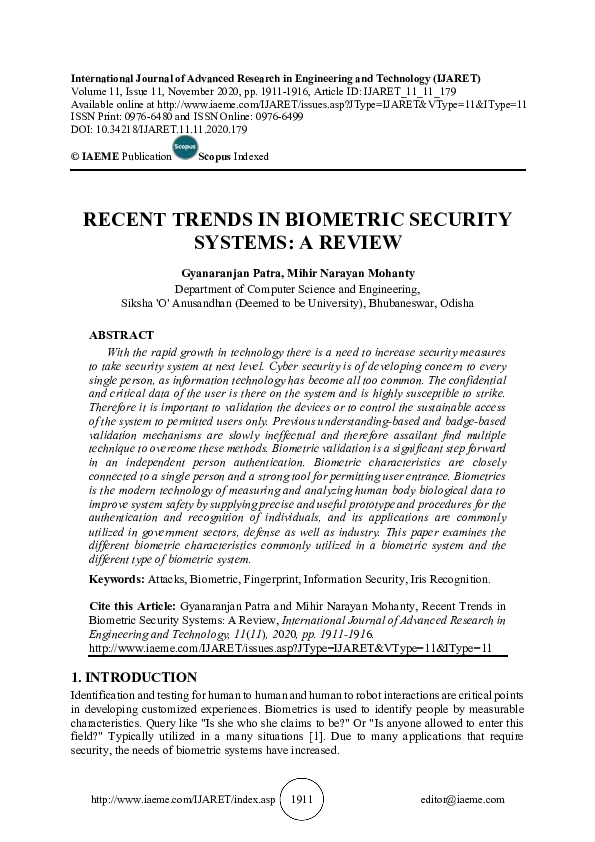 (PDF) RECENT TRENDS IN BIOMETRIC SECURITY SYSTEMS: A REVIEW