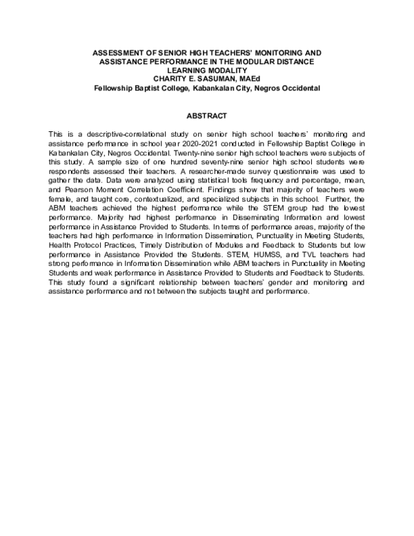 (DOC) ASSESSMENT OF SENIOR HIGH TEACHERS' MONITORING AND ASSISTANCE ...