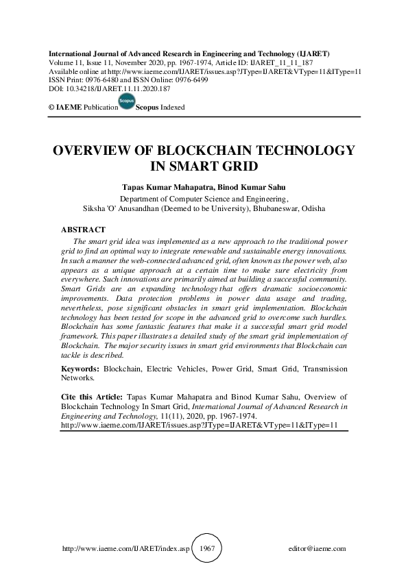 Pdf Overview Of Blockchain Technology In Smart Grid