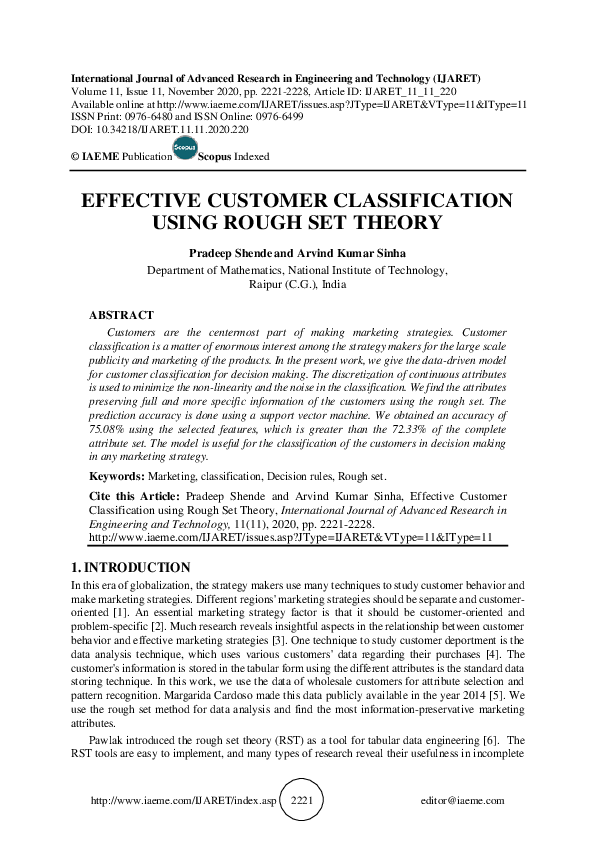 Pdf Effective Customer Classification Using Rough Set Theory