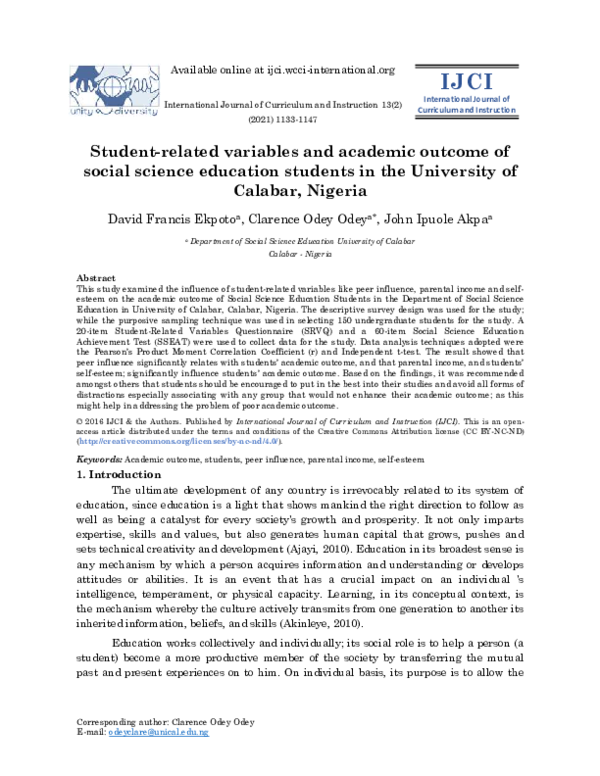 (PDF) Student related variables and academic outcome of social science ...