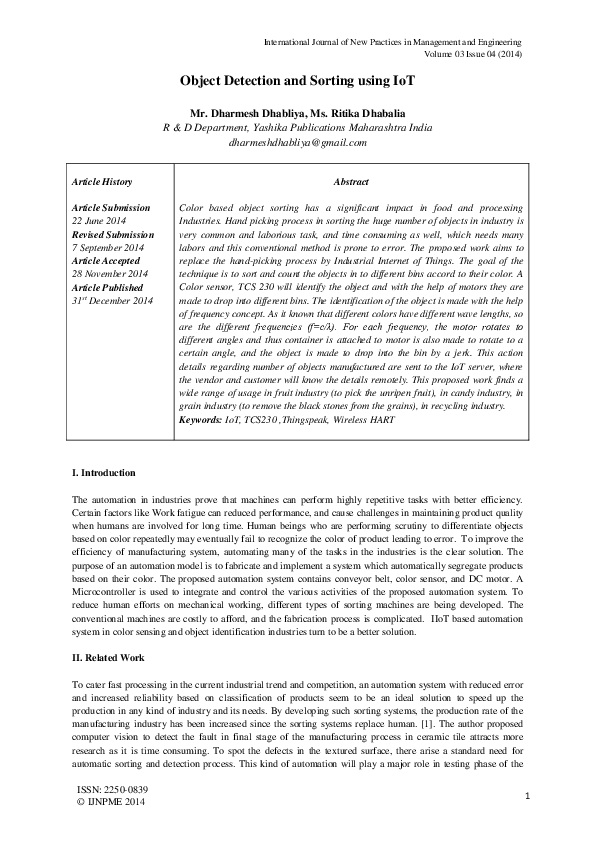 Pdf Object Detection And Sorting Using Iot
