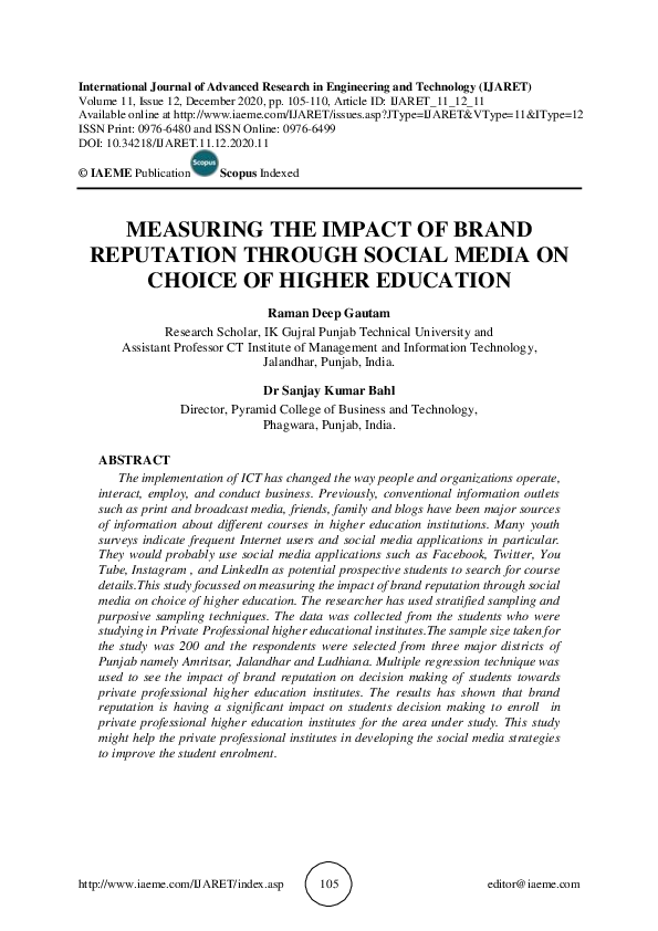 (PDF) MEASURING THE IMPACT OF BRAND REPUTATION THROUGH SOCIAL MEDIA ON ...