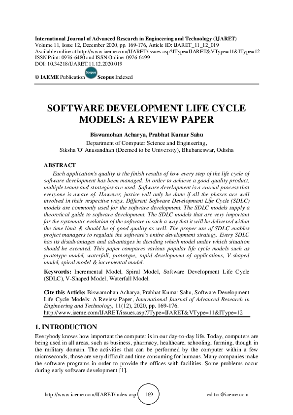 (PDF) SOFTWARE DEVELOPMENT LIFE CYCLE MODELS: A REVIEW PAPER