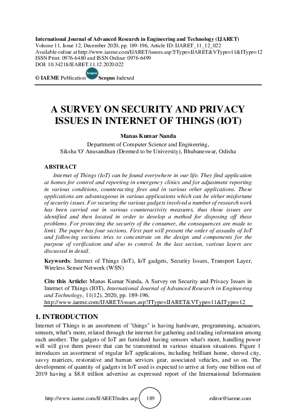 Pdf A Survey On Security And Privacy Issues In Internet Of Things Iot
