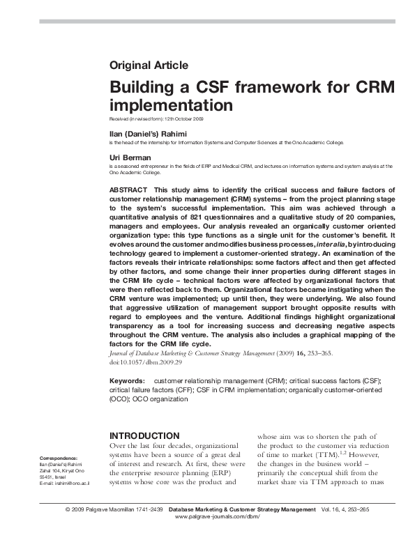 (PDF) Building a CSF framework for CRM implementation