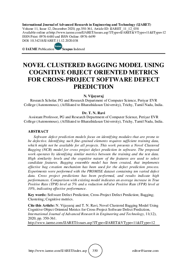 Pdf Novel Clustered Bagging Model Using Cognitive Object Oriented Metrics For Cross Project