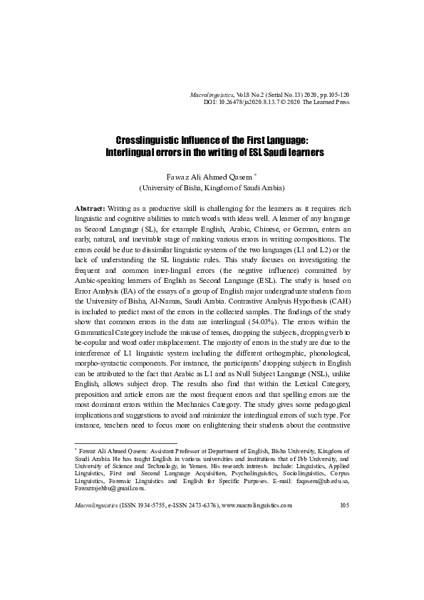 Pdf Crosslinguistic Influence Of The First Language Interlingual Errors In The Writing Of Esl