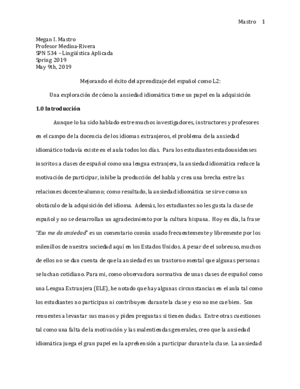 (PDF) Mastro - Spanish Writing sample for MA program application