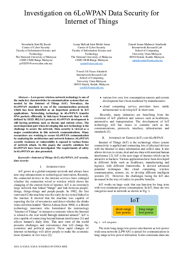 (PDF) Investigation on 6LoWPAN Data Security for Internet of Things