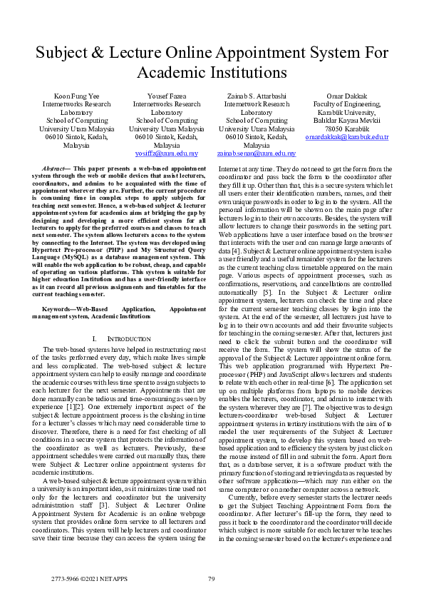 (PDF) Subject & Lecture Online Appointment System For Academic Institutions