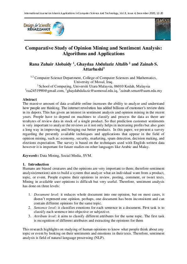 (PDF) Comparative Study of Opinion Mining and Sentiment Analysis: Algorithms and Applications