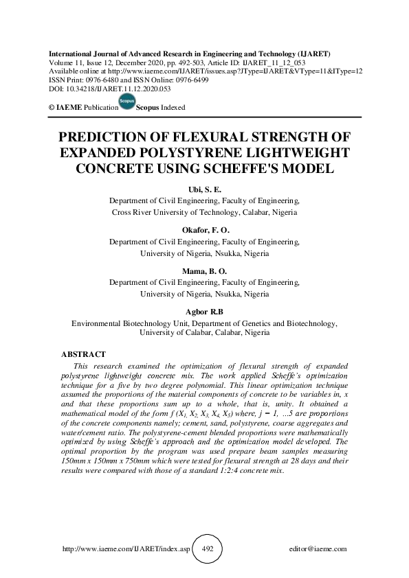 Pdf Prediction Of Flexural Strength Of Expanded Polystyrene Lightweight Concrete Using Scheffe