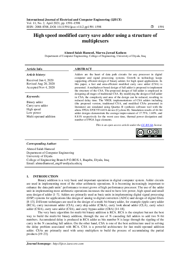 Pdf High Speed Modified Carry Save Adder Using A Structure Of Multiplexers
