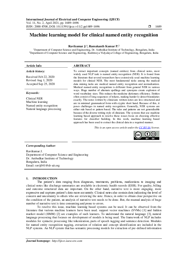 Pdf Machine Learning Model For Clinical Named Entity Recognition