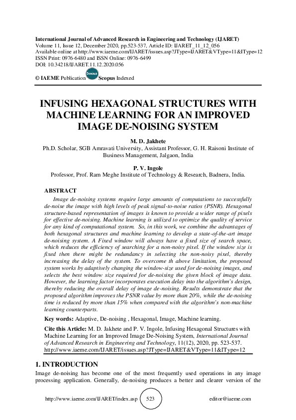 (PDF) INFUSING HEXAGONAL STRUCTURES WITH MACHINE LEARNING FOR AN IMPROVED IMAGE DE-NOISING SYSTEM