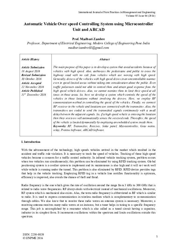 Pdf Automatic Vehicle Over Speed Controlling System Using Microcontroller Unit And Arcad