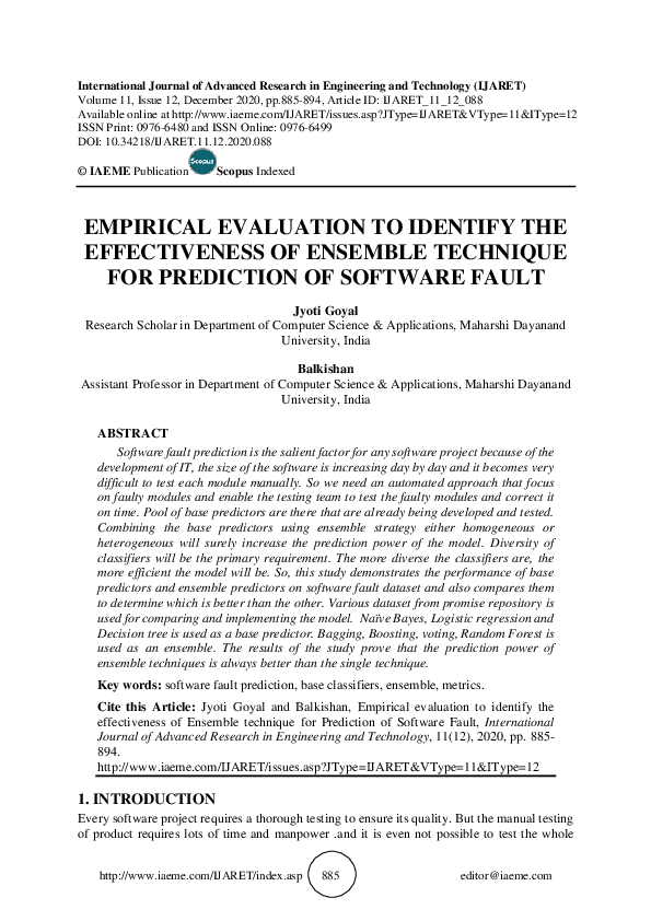 Pdf Empirical Evaluation To Identify The Effectiveness Of Ensemble Technique For Prediction Of