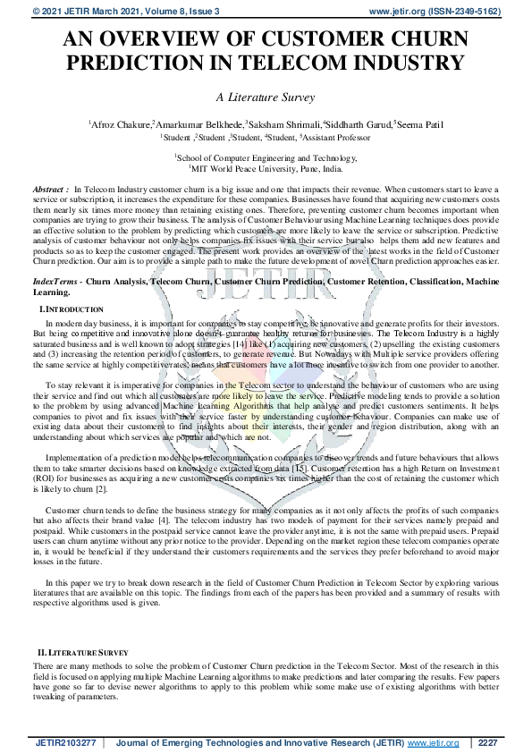 Pdf An Overview Of Customer Churn Prediction In Telecom Industry