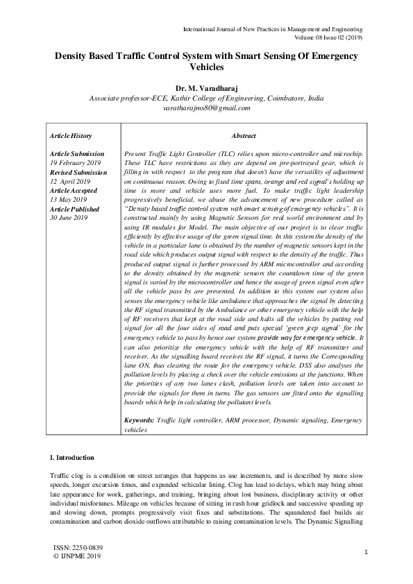 Pdf Density Based Traffic Control System With Smart Sensing Of