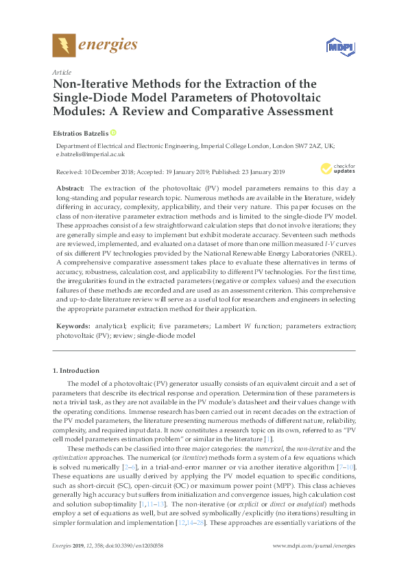 Pdf Non Iterative Methods For The Extraction Of The Single Diode