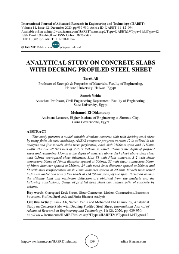 (PDF) ANALYTICAL STUDY ON CONCRETE SLABS WITH DECKING PROFILED STEEL SHEET