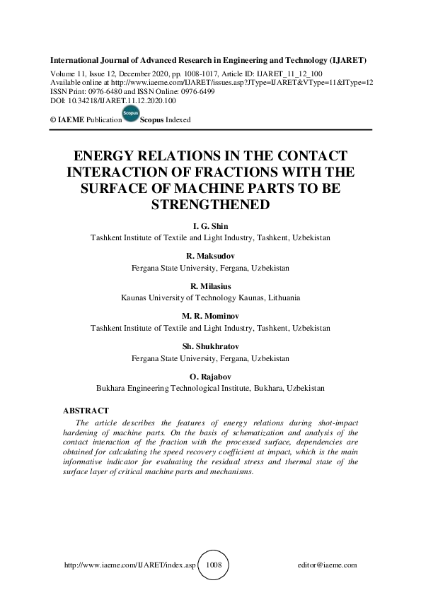 (PDF) ENERGY RELATIONS IN THE CONTACT INTERACTION OF FRACTIONS WITH THE ...